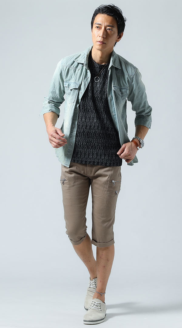 サックスシャツ 黒Tシャツ ベージュパンツ snp_jf1595 ｜ メンズファッション通販 MENZ-STYLE(メンズスタイル）