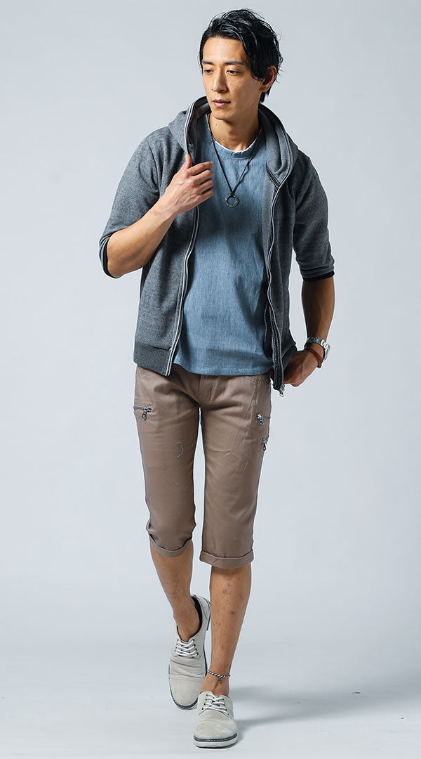 グレーパーカー ブルークルーネックTシャツ ベージュクロップドパンツ snp_jh1876 ｜ メンズファッション通販 MENZ-STYLE(メンズスタイル）