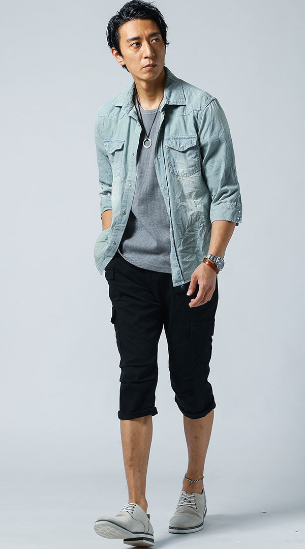 サックスシャツ グレーTシャツ 黒パンツ snp_jh1111のコーディネート例 ｜ メンズファッション通販 MENZ-STYLE(メンズスタイル）