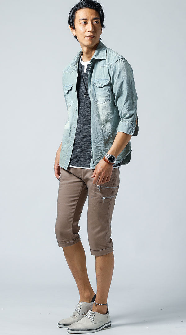 サックスシャツ 杢ブラックTシャツ ベージュパンツ snp_jh2097のコーディネート例 ｜ メンズファッション通販 MENZ-STYLE(メンズスタイル）