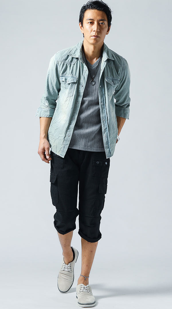 サックスシャツ グレーTシャツ 黒パンツ snp_jf2011 ｜ メンズファッション通販 MENZ-STYLE(メンズスタイル）