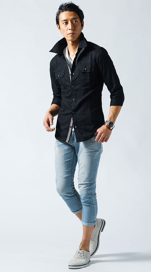 黒綿麻ミリタリーシャツ 白VネックTシャツ ブルーデニムパンツ snp_ji1370 ｜ メンズファッション通販 MENZ-STYLE(メンズスタイル）