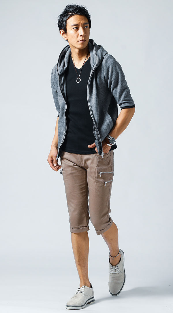 グレーパーカー 黒Tシャツ ベージュパンツ snp_jj0189 ｜ メンズファッション通販 MENZ-STYLE(メンズスタイル）