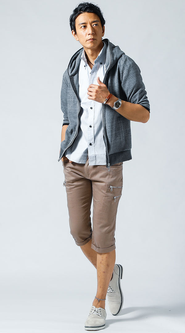 グレーパーカー サックス7分袖ブロードシャツ ベージュクロップドパンツ snp_jj0393 ｜ メンズファッション通販 MENZ-STYLE(メンズスタイル）