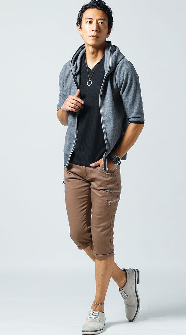 グレーパーカー 黒Tシャツ ベージュパンツ snp_jm0568 ｜ メンズファッション通販 MENZ-STYLE(メンズスタイル）