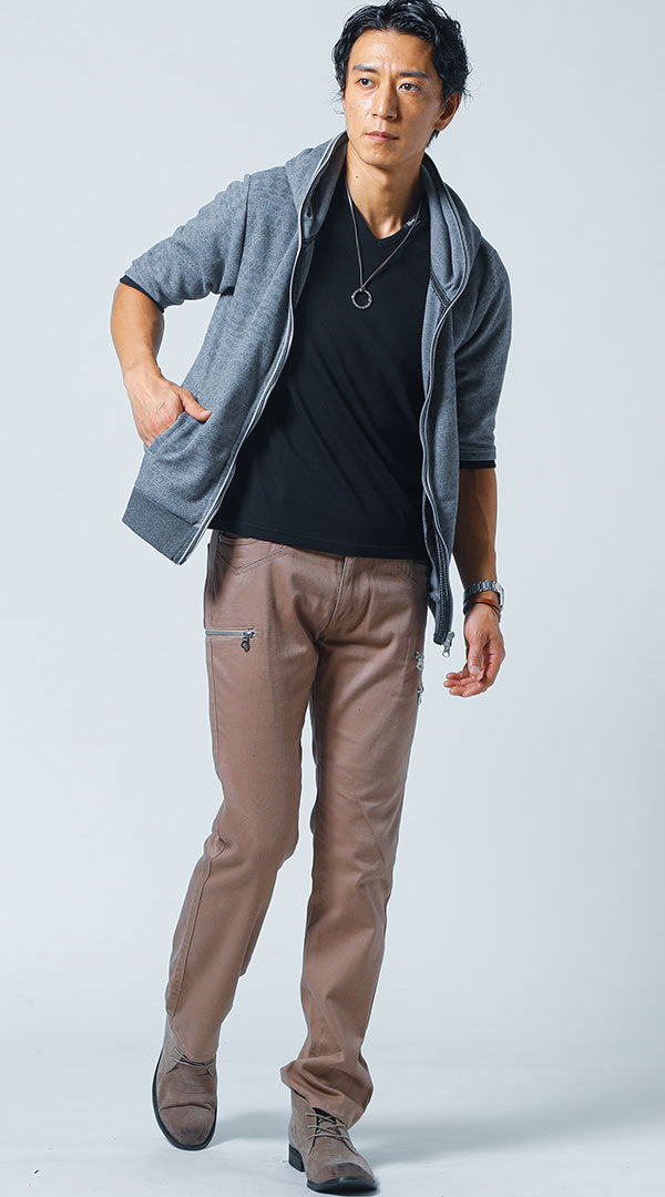 グレーパーカー 黒ⅤネックTシャツ ベージュパンツ snp_ka1193のコーディネート例 ｜ メンズファッション通販 MENZ-STYLE(メンズスタイル）