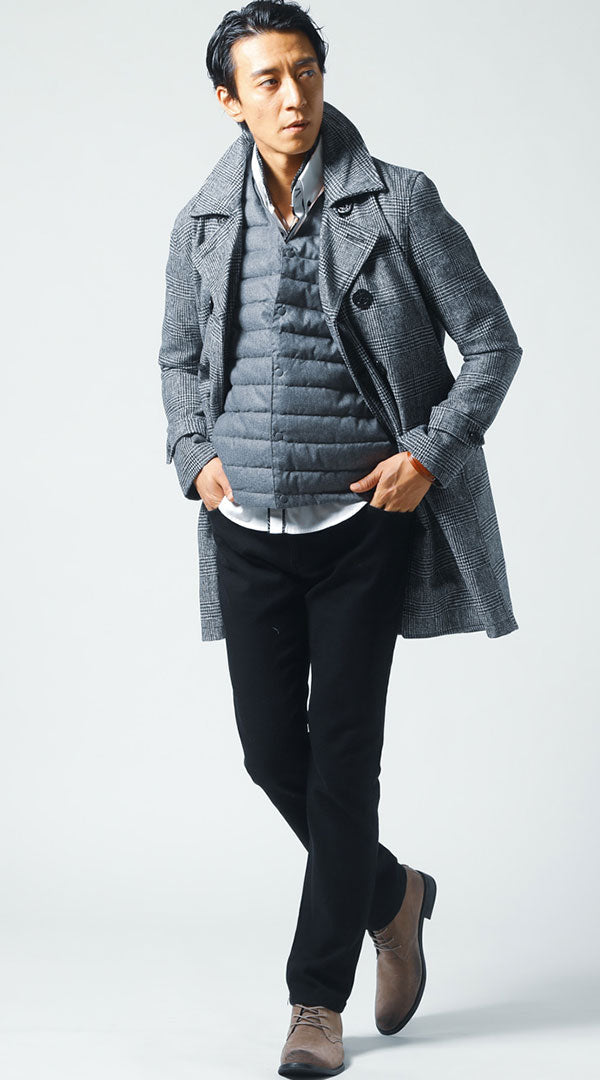 グレンチェックPコート グレーベスト 黒チノパンツ snp_kj0151 ｜ メンズファッション通販 MENZ-STYLE(メンズスタイル）