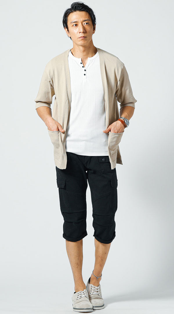 ベージュカーディガン 白ヘンリーネックTシャツ 黒パンツ snp_lp1321のコーディネート例 ｜ メンズファッション通販 MENZ-STYLE(メンズスタイル）