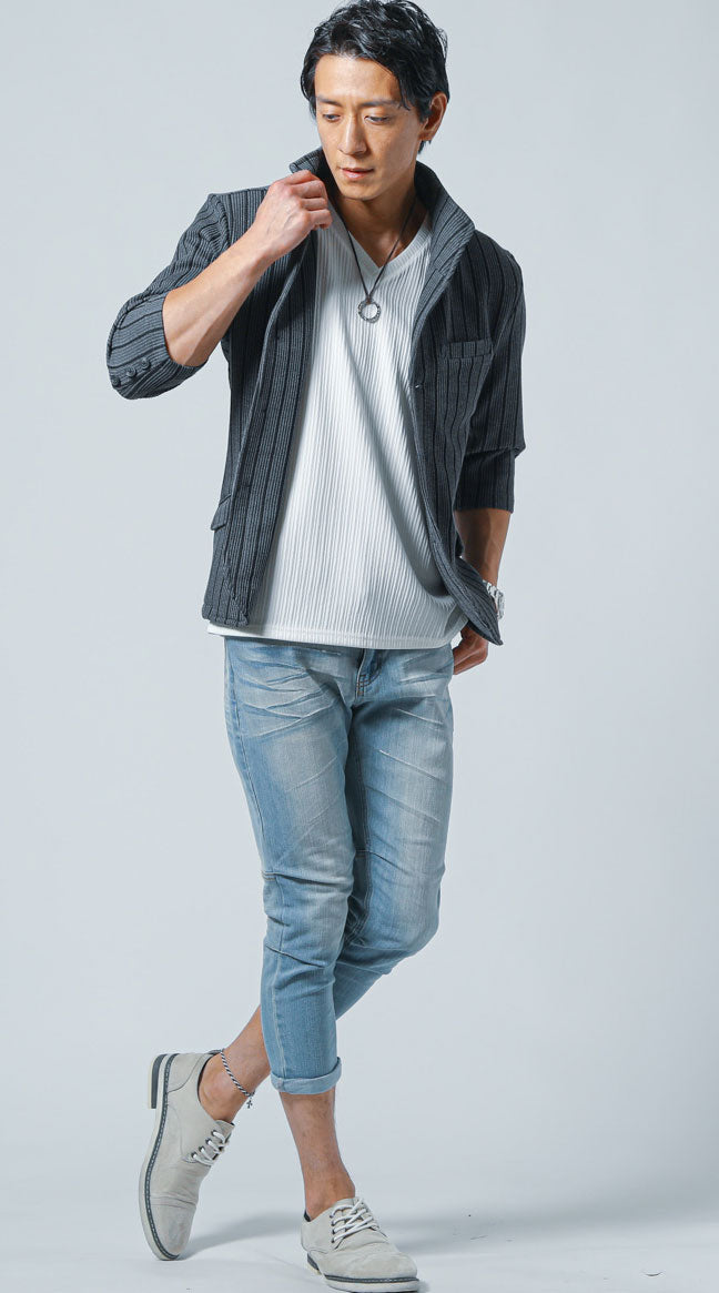 グレー×ブラックジャケット 白Tシャツ ブルーデニムパンツ snp_lr1319 ｜ メンズファッション通販 MENZ-STYLE(メンズスタイル）