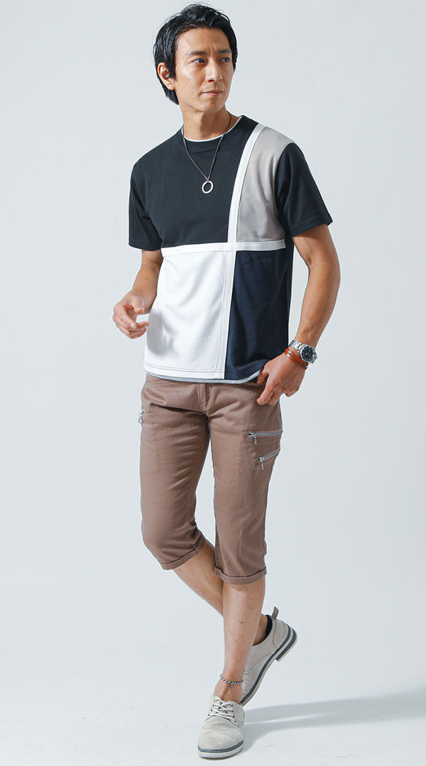 黒Tシャツ ベージュクロップドチノパンツ snp_lv0850のコーディネート例 ｜ メンズファッション通販 MENZ-STYLE(メンズスタイル）