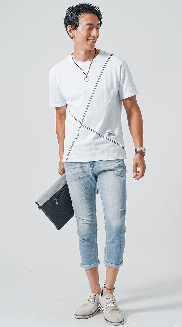 白Tシャツ ブルークロップドデニムパンツ snp_mc0350 ｜ メンズファッション通販 MENZ-STYLE(メンズスタイル）