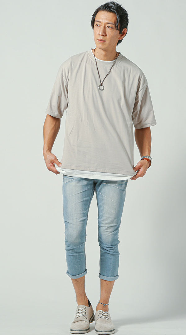 グレージュフェイクレイヤードTシャツ ブルークロップドパンツ グレーシューズ snp_ls1423のコーディネート例 ｜ メンズファッション通販 MENZ-STYLE(メンズスタイル）