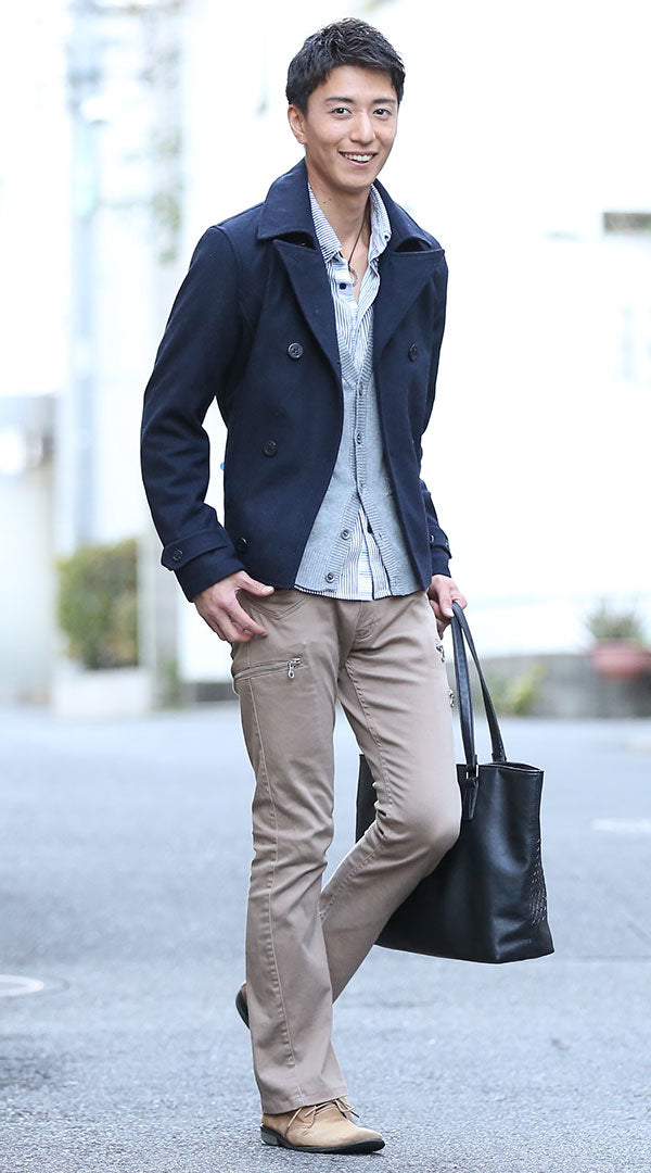 Pコート カーディンガン シャツ チノパンツ 黒トートバッグ snp_zw1433のコーディネート例 ｜ メンズファッション通販 MENZ-STYLE(メンズスタイル）