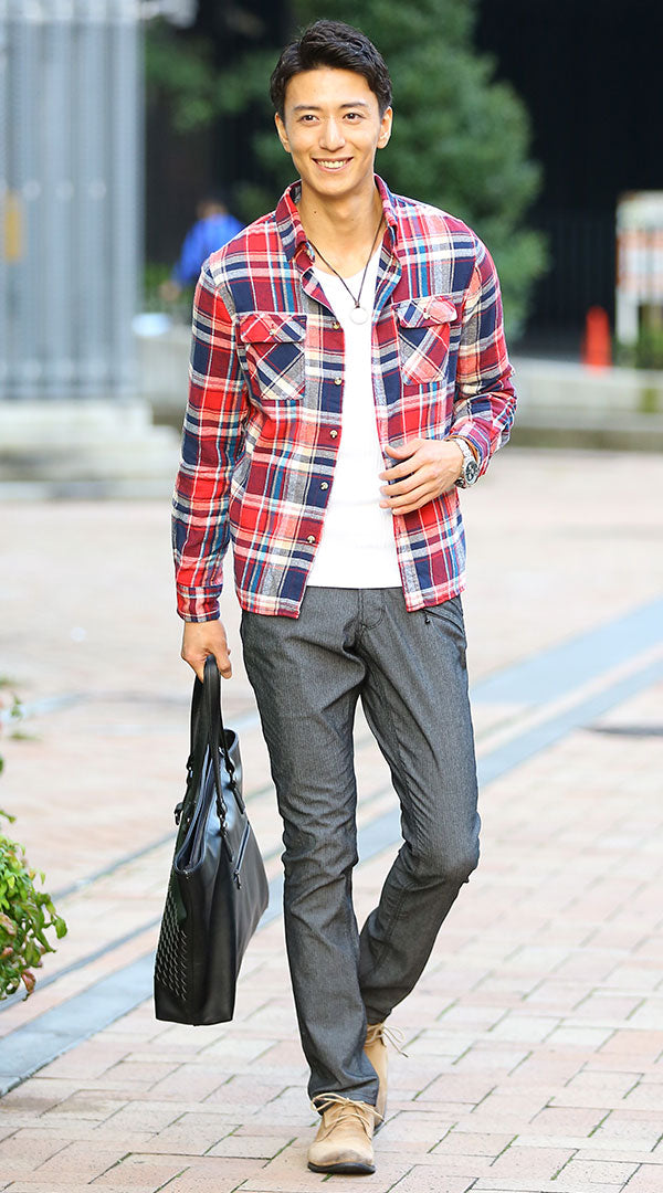 チェックシャツ カットソー パンツ snp_hq0315のコーディネート例 ｜ メンズファッション通販 MENZ-STYLE(メンズスタイル）