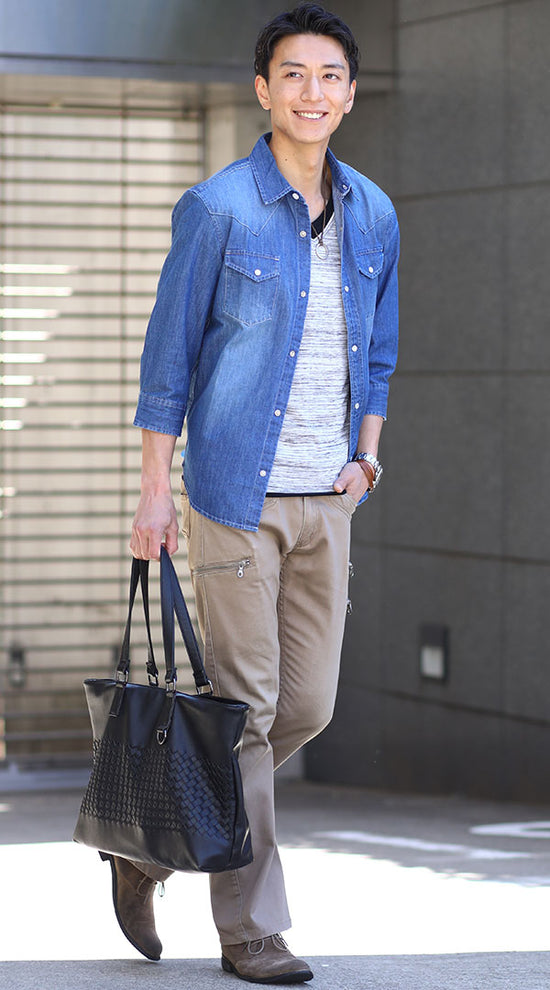 ブルーデニムシャツ グレーカットソー ベージュチノパン snp_xv0034 ｜ メンズファッション通販 MENZ-STYLE(メンズスタイル）
