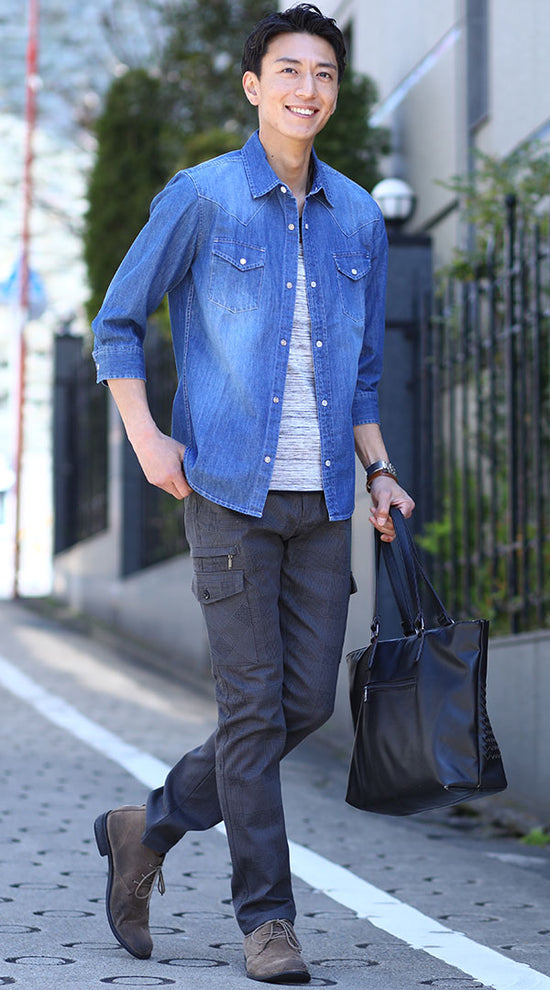 ブルーデニムシャツ グレーカットソー グレンチェック snp_xv0010 ｜ メンズファッション通販 MENZ-STYLE(メンズスタイル）