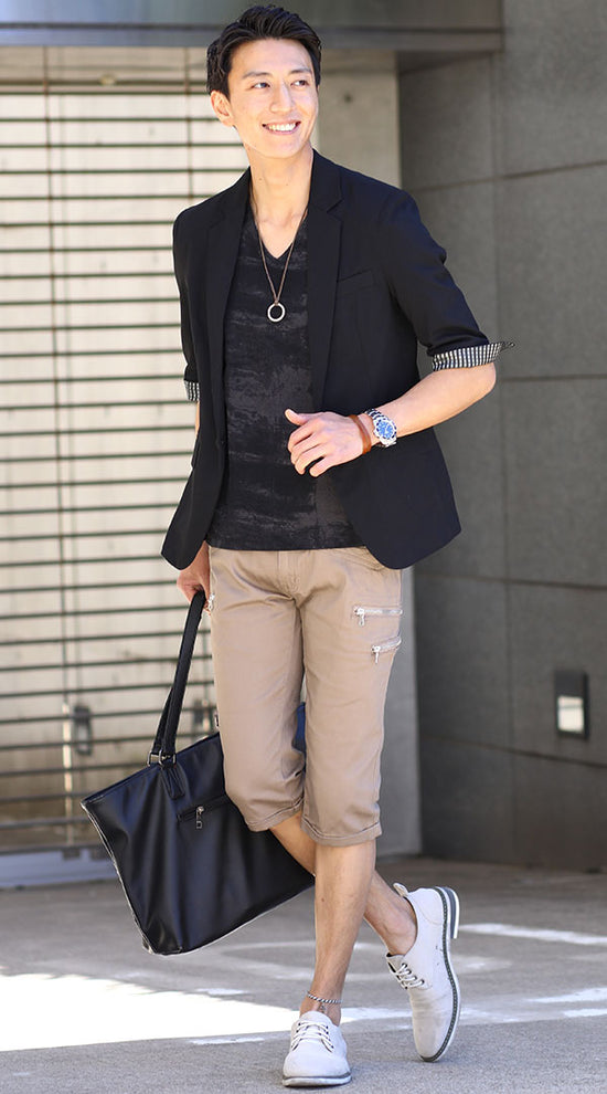 黒ジャケット 黒カットソー ベージュクロップドパンツ snp_zc0258 ｜ メンズファッション通販 MENZ-STYLE(メンズスタイル）