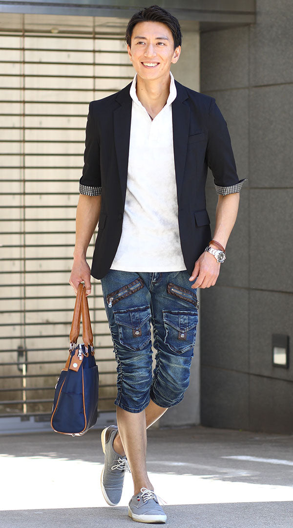 黒ジャケット 白ポロシャツ インディゴクロップドパンツ snp_zf0414 ｜ メンズファッション通販 MENZ-STYLE(メンズスタイル）