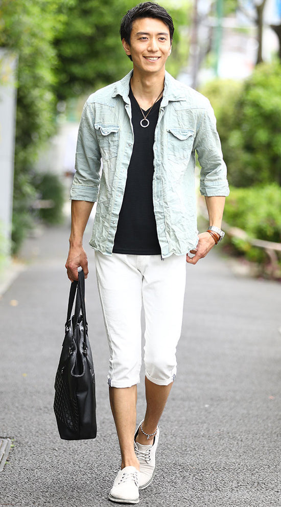 サックスシャツ 黒Tシャツ 白クロップドパンツ snp_zv1070 ｜ メンズファッション通販 MENZ-STYLE(メンズスタイル）