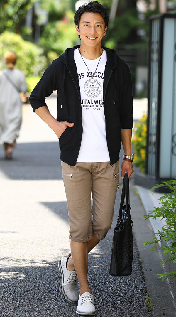 黒パーカー 白カットソー ベージュクロップドパンツ snp_ae0677 ｜ メンズファッション通販 MENZ-STYLE(メンズスタイル）