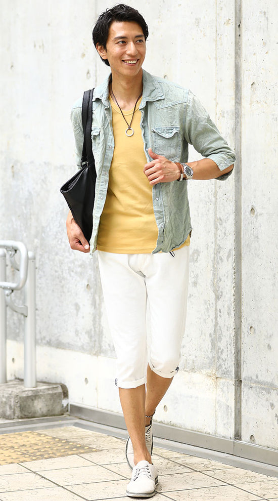 サックスシャツ マスタードTシャツ 白クロップドパンツ snp_af0250 ｜ メンズファッション通販 MENZ-STYLE(メンズスタイル）