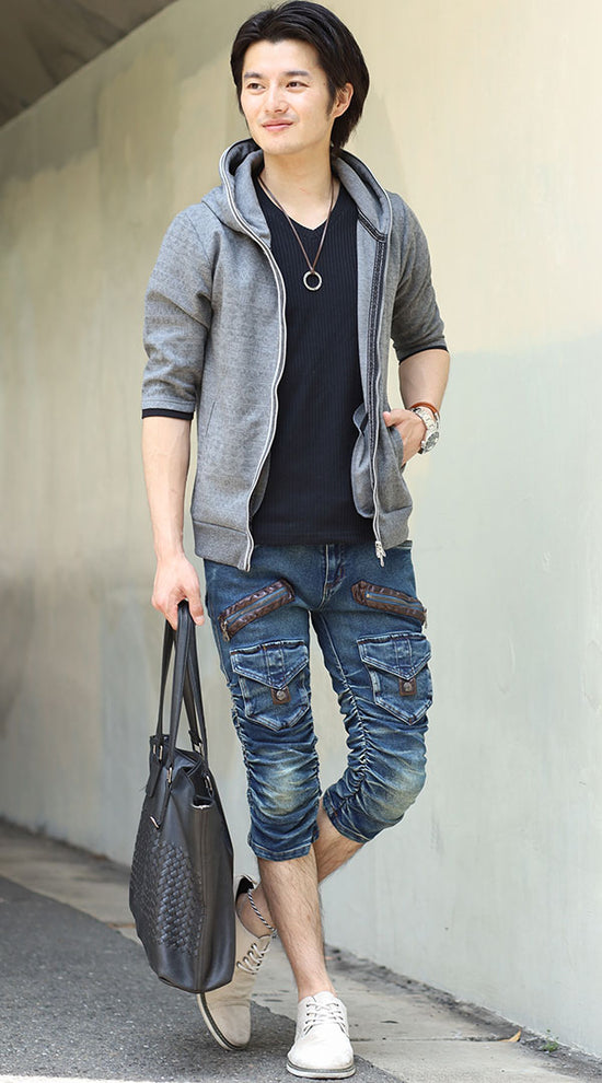 グレーパーカー 黒Tシャツ インディゴクロップドデニム snp_ai0267 ｜ メンズファッション通販 MENZ-STYLE(メンズスタイル）