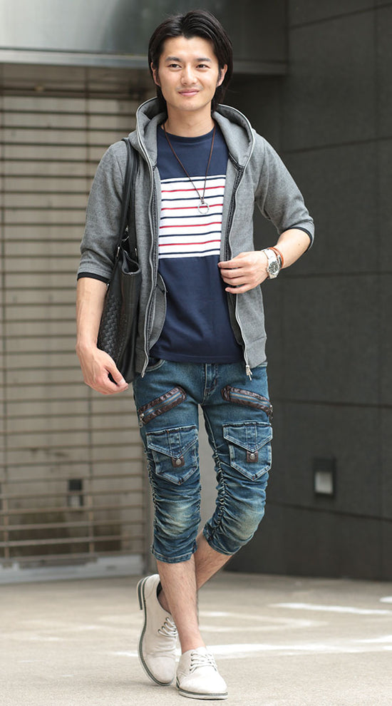 グレーパーカー 紺Tシャツ インディゴクロップドデニム snp_at0841 ｜ メンズファッション通販 MENZ-STYLE(メンズスタイル）