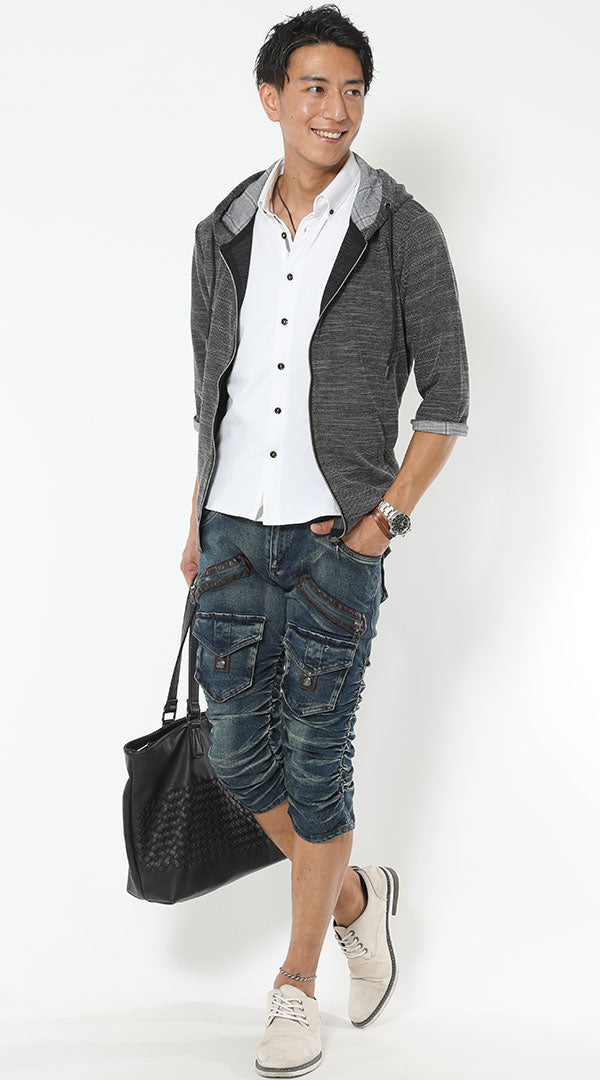黒パーカー 白シャツ インディゴクロップドパンツ snp_aw0145 ｜ メンズファッション通販 MENZ-STYLE(メンズスタイル）