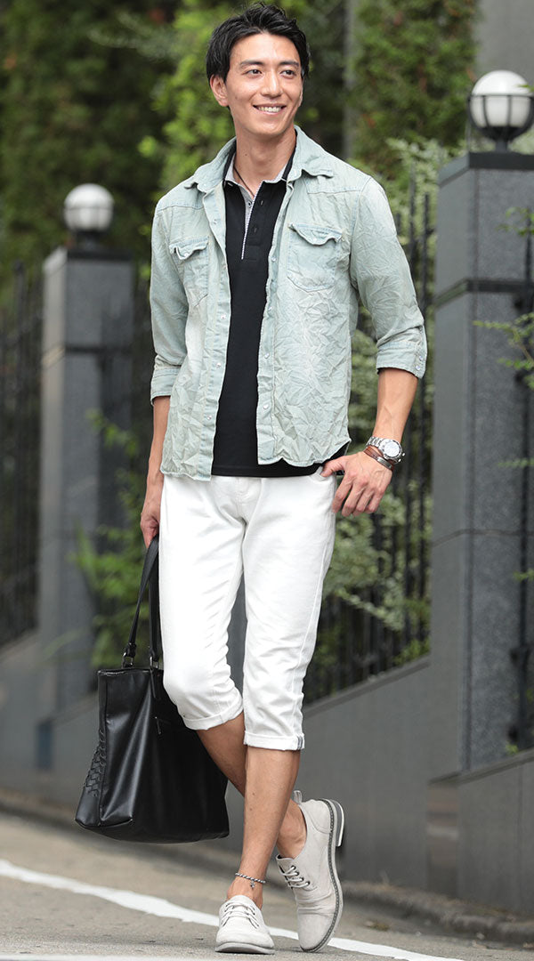 サックスシャツ 黒ポロシャツ 白クロップドパンツ snp_bg0174 ｜ メンズファッション通販 MENZ-STYLE(メンズスタイル）