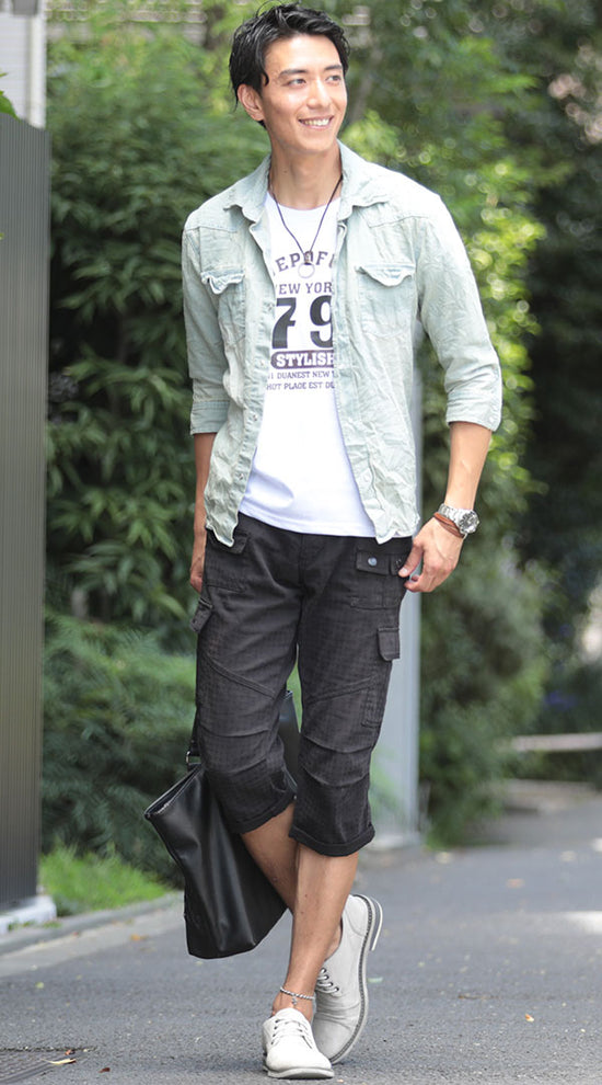 サックスシャツ 白Tシャツ 黒クロップドパンツ snp_bi0262 ｜ メンズファッション通販 MENZ-STYLE(メンズスタイル）