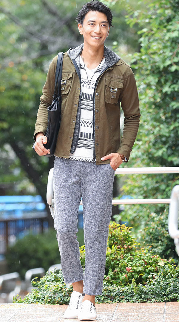 カーキジャケット グレーパーカー 白×黒Tシャツ snp_by0008 ｜ メンズファッション通販 MENZ-STYLE(メンズスタイル）