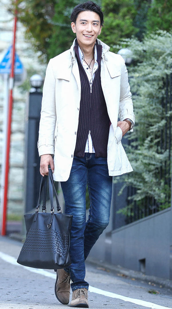 アイボリーコート ワインニット 白シャツ 黒トートバッグ snp_ci0035のコーディネート例 ｜ メンズファッション通販 MENZ ...