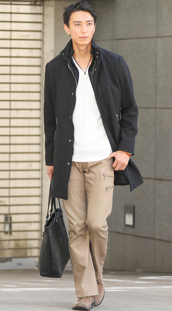 黒コート 白長袖Tシャツ ベージュパンツ snp_dn0214 ｜ メンズファッション通販 MENZ-STYLE(メンズスタイル）
