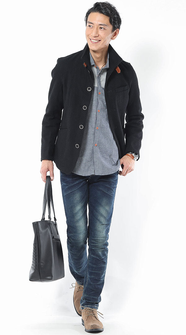 黒コート グレーシャツ ダークブルーデニムパンツ snp_ea0377のコーディネート例 ｜ メンズファッション通販 MENZ-STYLE ...