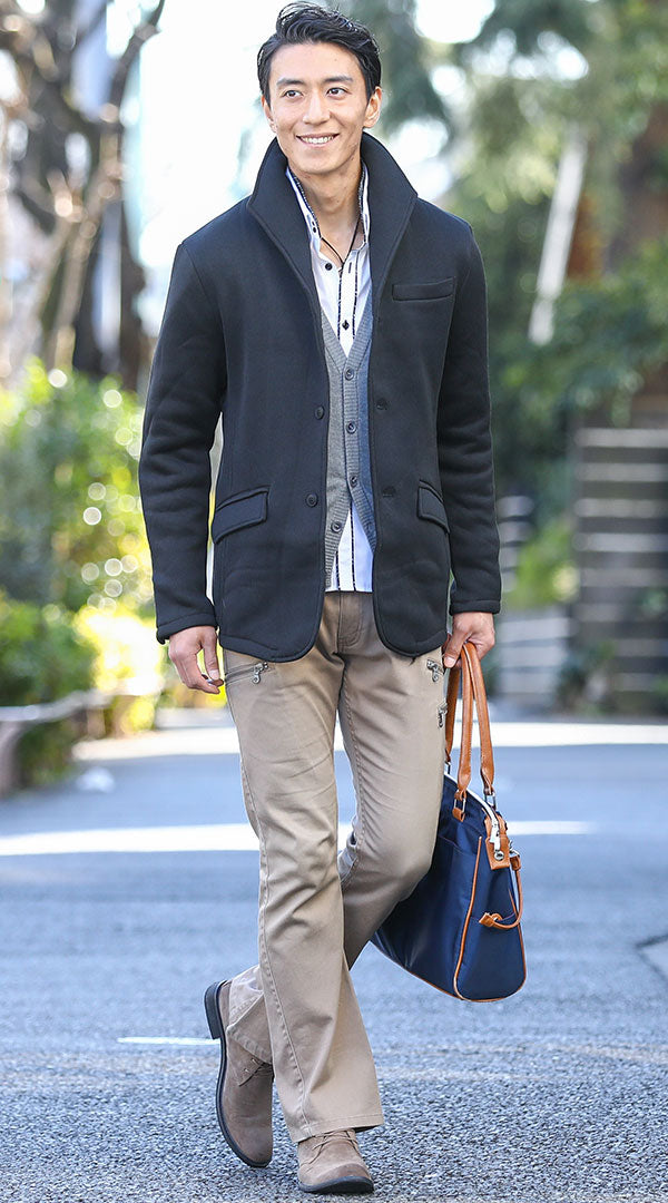 黒ジャケット グレーカーディガン 白シャツ ベージュパンツ snp_el0207 ｜ メンズファッション通販 MENZ-STYLE(メンズスタイル）