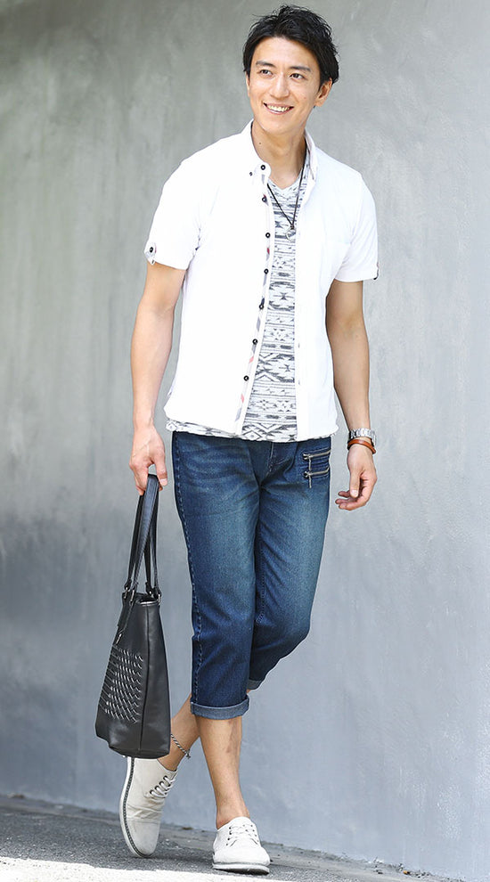 白シャツ 白×黒Tシャツ インディゴクロップドパンツ snp_gj0802 ｜ メンズファッション通販 MENZ-STYLE(メンズスタイル）