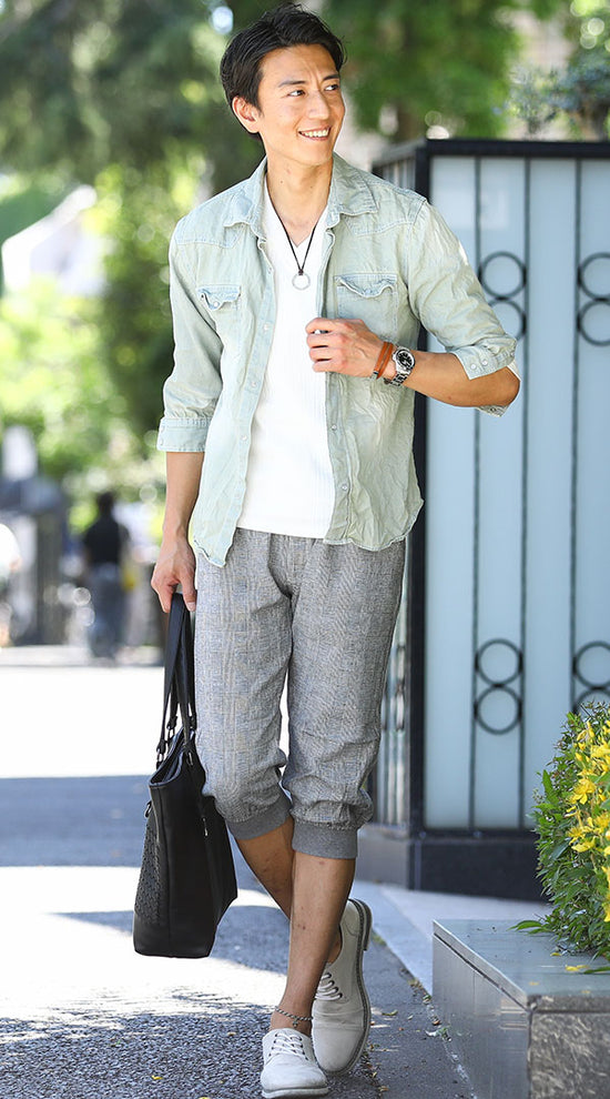 サックスデニムシャツ 白Tシャツ グレンチェッククロップドパンツ snp_gs0969 ｜ メンズファッション通販 MENZ-STYLE(メンズスタイル）
