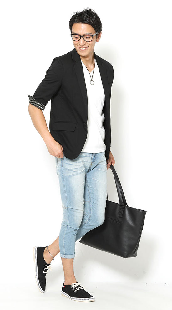 黒ジャケット 白Tシャツ 青クロップドデニムパンツsnp_gu0352 ｜ メンズファッション通販 MENZ-STYLE(メンズスタイル）