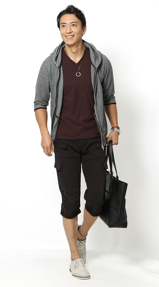 グレーパーカー ワインTシャツ 黒クロップドパンツ snp_hb0747のコーディネート例 ｜ メンズファッション通販 MENZ-STYLE(メンズスタイル）