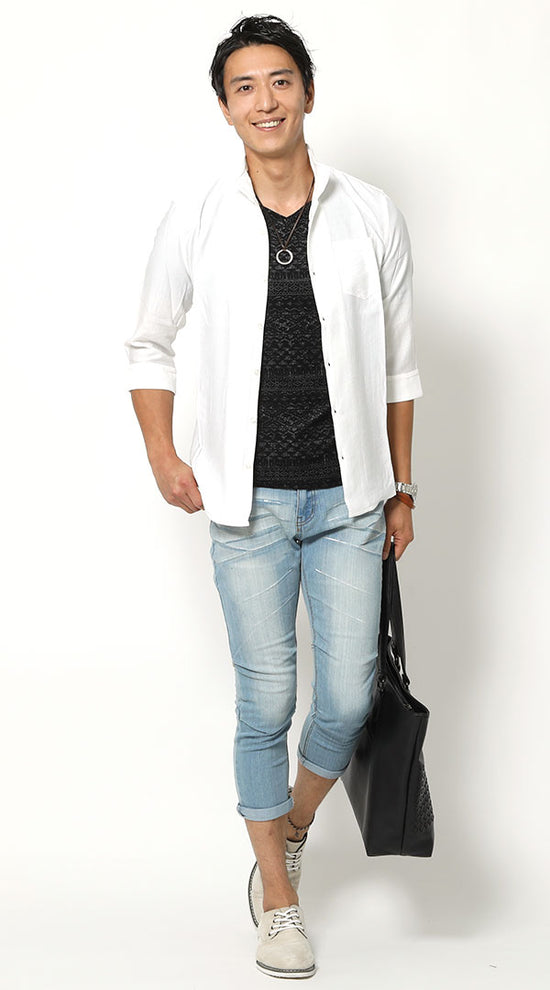 白シャツ 黒Tシャツ 青クロップドデニムパンツ snp_hc1149 ｜ メンズファッション通販 MENZ-STYLE(メンズスタイル）