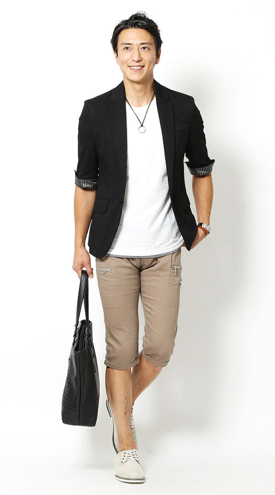 黒ジャケット 白Tシャツ ベージュクロップドパンツ snp_hg1016 ｜ メンズファッション通販 MENZ-STYLE(メンズスタイル）