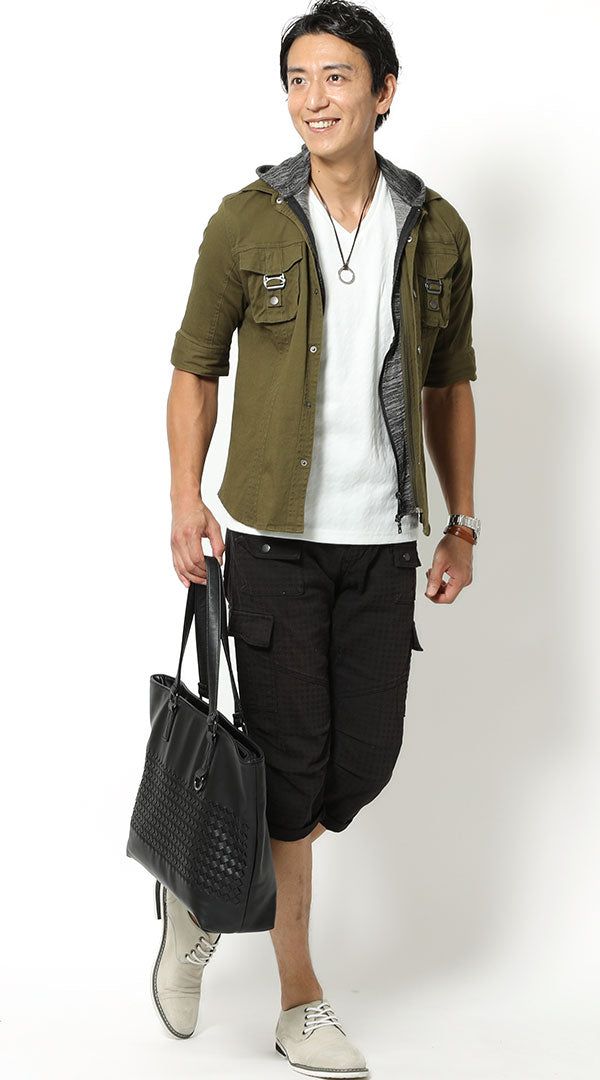 カーキジャケット グレーパーカー 白Tシャツ snp_hg0672のコーディネート例 ｜ メンズファッション通販 MENZ-STYLE(メンズ ...