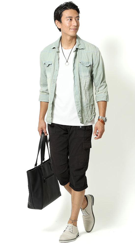 サックスシャツ 白Tシャツ 黑クロップドパンツ snp_hh0149 ｜ メンズファッション通販 MENZ-STYLE(メンズスタイル）