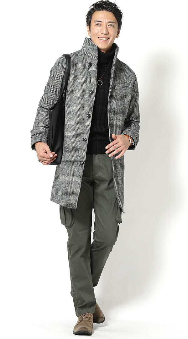 グレンチェックコート 黒ニット カーキパンツ snp_ia0536 ｜ メンズファッション通販 MENZ-STYLE(メンズスタイル）