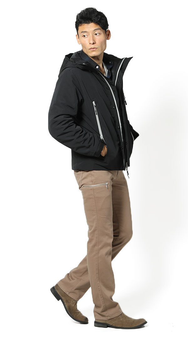 黒グレー中綿ジャケット 青チェックシャツ 白Tシャツ ベージュパンツ snp_if2377のコーディネート例