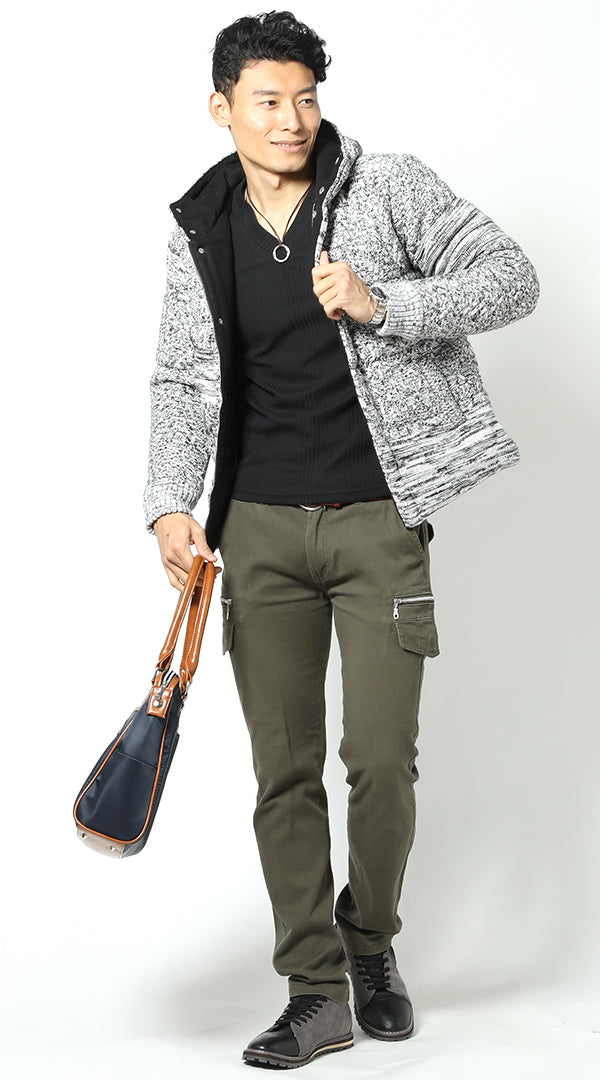 黒白ジャケット 黒長袖Tシャツ オリーブパンツ snp_if0395 ｜ メンズファッション通販 MENZ-STYLE(メンズスタイル）