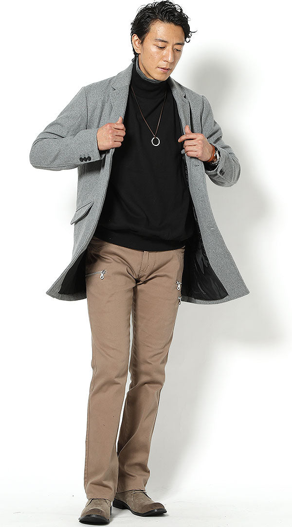 グレーチェスターコート 黒タートルネック長袖Tシャツ ベージュパンツ snp_im1760のコーディネート例 ｜ メンズファッション通販 ...
