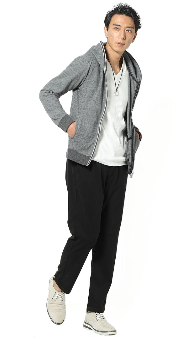 グレーパーカー 白長袖Tシャツ 黒ストレッチパンツ snp_in1627 ｜ メンズファッション通販 MENZ-STYLE(メンズスタイル）