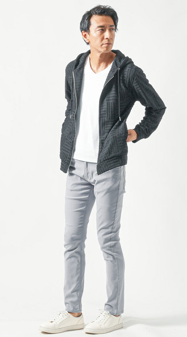 チャコールロングカーディガン 黒Tシャツ インディゴデニムパンツ 白スニーカー snp_mo1098 ｜ メンズファッション通販 MENZ-STYLE(メンズスタイル）