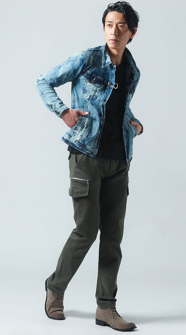 インディゴデニムジャケット 黒長袖Tシャツ オリーブパンツ snp_iy0056のコーディネート例 ｜ メンズファッション通販 MENZ ...